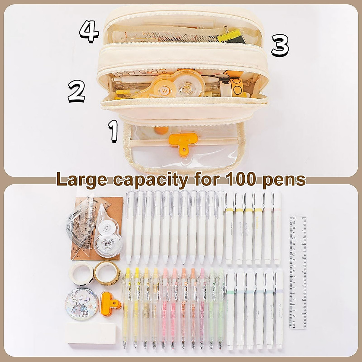 YESBAY Clear Window Pen Bag Pencil Case Pouch Pen Case Organizer Large Capacity Multi-Pocket Portable Zipper Unisex Pencil Stationery Pouch Case for Pen, Pencil, Cosmetic, Gadget, Stationary Beige