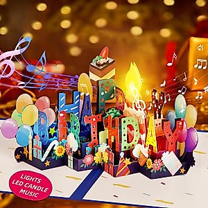 BlueDex Birthday Card, 3D Lights and Music Pop Up Birthday Card, with Blowable LED Candle and Colorful Breathing Lights, Birthday Cards for Women Men Husband Wife Kids Mom Dad