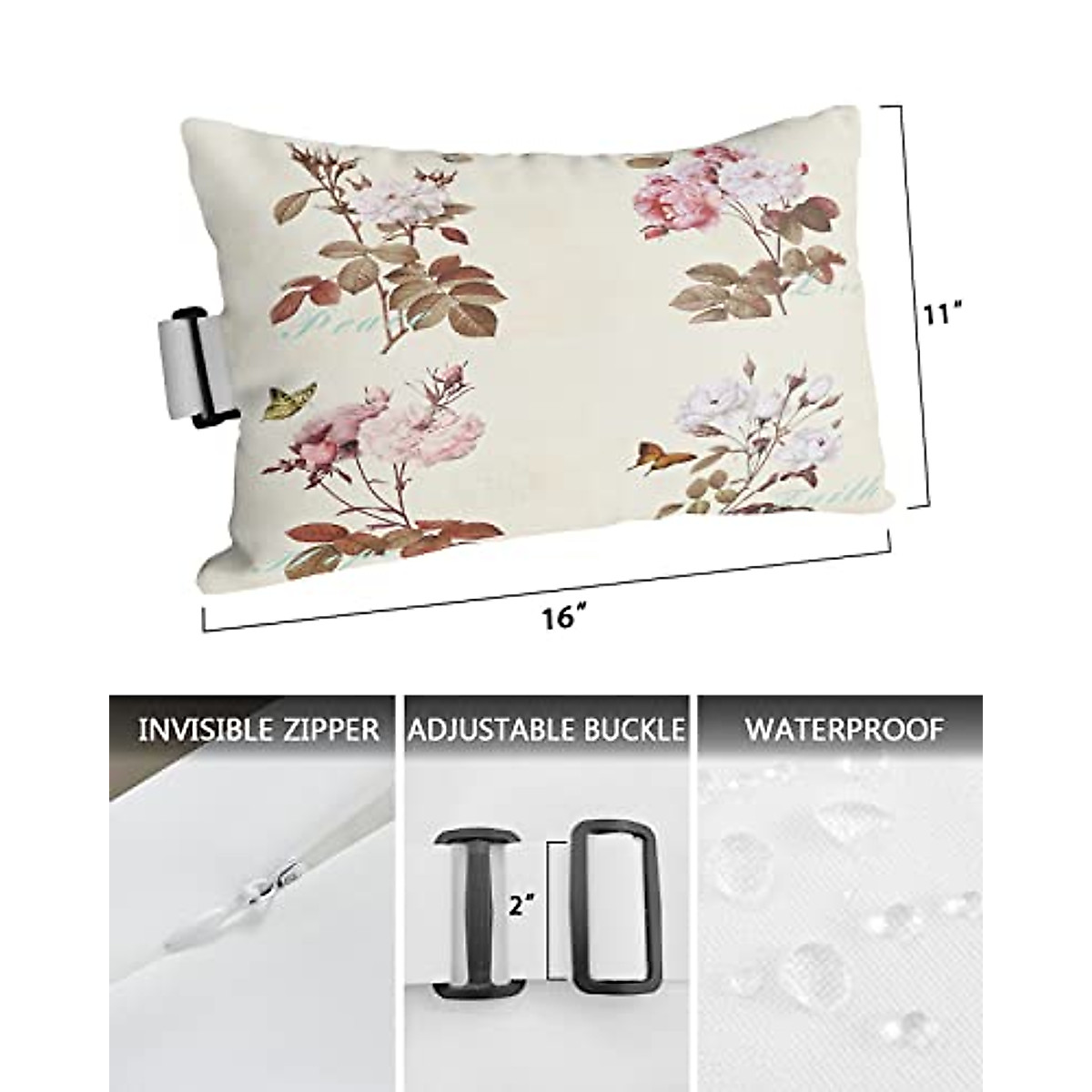 Recliner Head Pillow Ledge Loungers Chair Pillows with Insert Rose Flower Rustic Lumbar Pillow with Adjustable Strap Outdoor Waterproof Patio Pillows for Couch Beach Pool Office Chair, 2 PCS