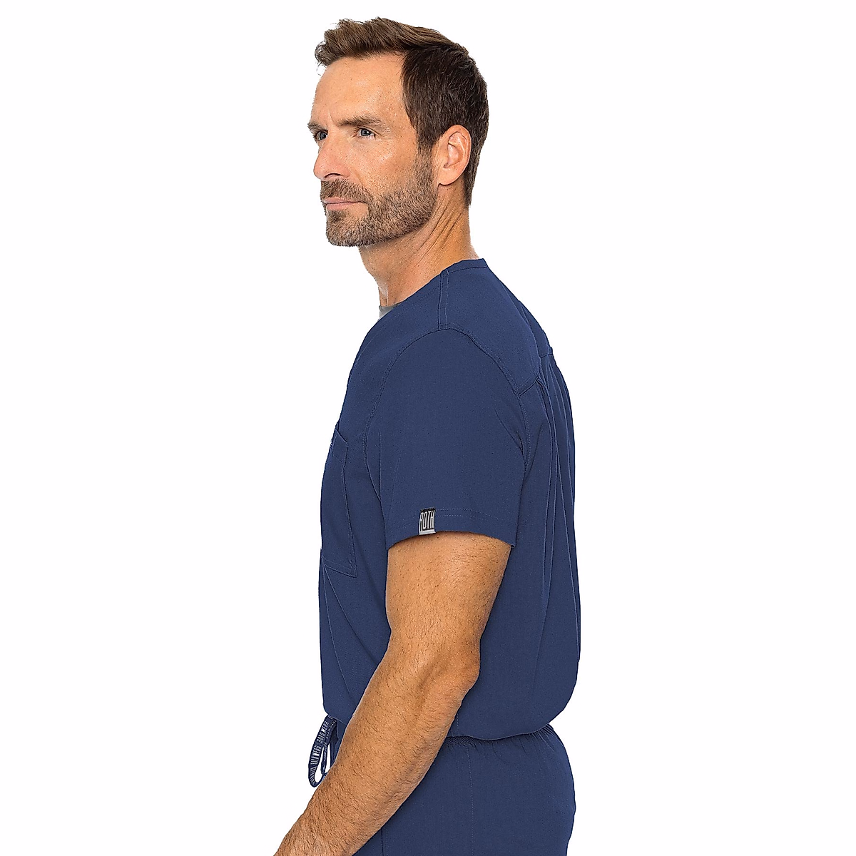 Med Couture Men's V-Neck Scrub Top, Tuckable Cadence One Pocket Scrub Top With 2-Way Stretch Technology MC7478, XL, Navy