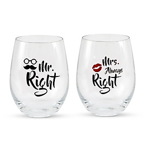 Vino O'clock Mr Right and Mrs Always Right Wine Glasses Gift Set For Bridal Shower, Married Couples, Weddings, Engagements, Newlyweds, Anniversary / 16oz