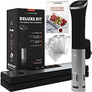 Sous Vide Cooker Kit All In One| Sous Vide Immersion Circulator Slim Design 1000W Precise Temperature with Vacuum Sealer Machine and Sous Vide Vacuum Bags | 24 Month Warranty | Deluxe Edition