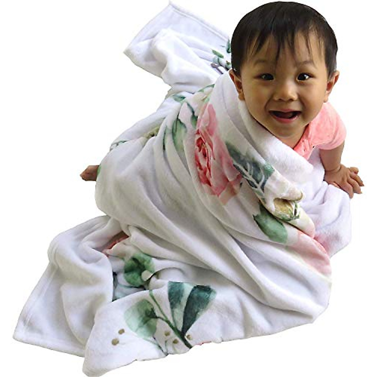 Baby Monthly Milestone Blanket for Girl & Boy - Floral Plush Fleece for Baby Photo – Baby Shower/Registry Gift – Baby Safe Soft Wrinkle Free - Swaddle and Throw - Bonus Wreath + Organic Cotton Bib