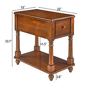 JESONVID Narrow End Table with Drawer and Shelf, Solid Wood Sofa Side Table 2-Tier Skinny Table with Storage Slim Bedside Table for Small Spaces Living Room-Cherry Brown