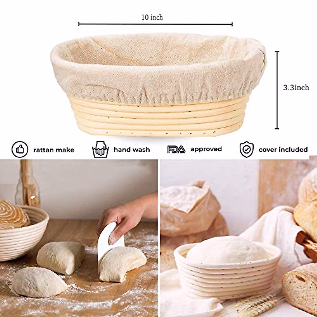 KONGDY Banneton Bread Proofing Basket 2 Pack 10 Inch Oval Bread Proofing Basket, Sourdough Bread Baking Food Tools for Making Baking Fermentation Food Storage Tools