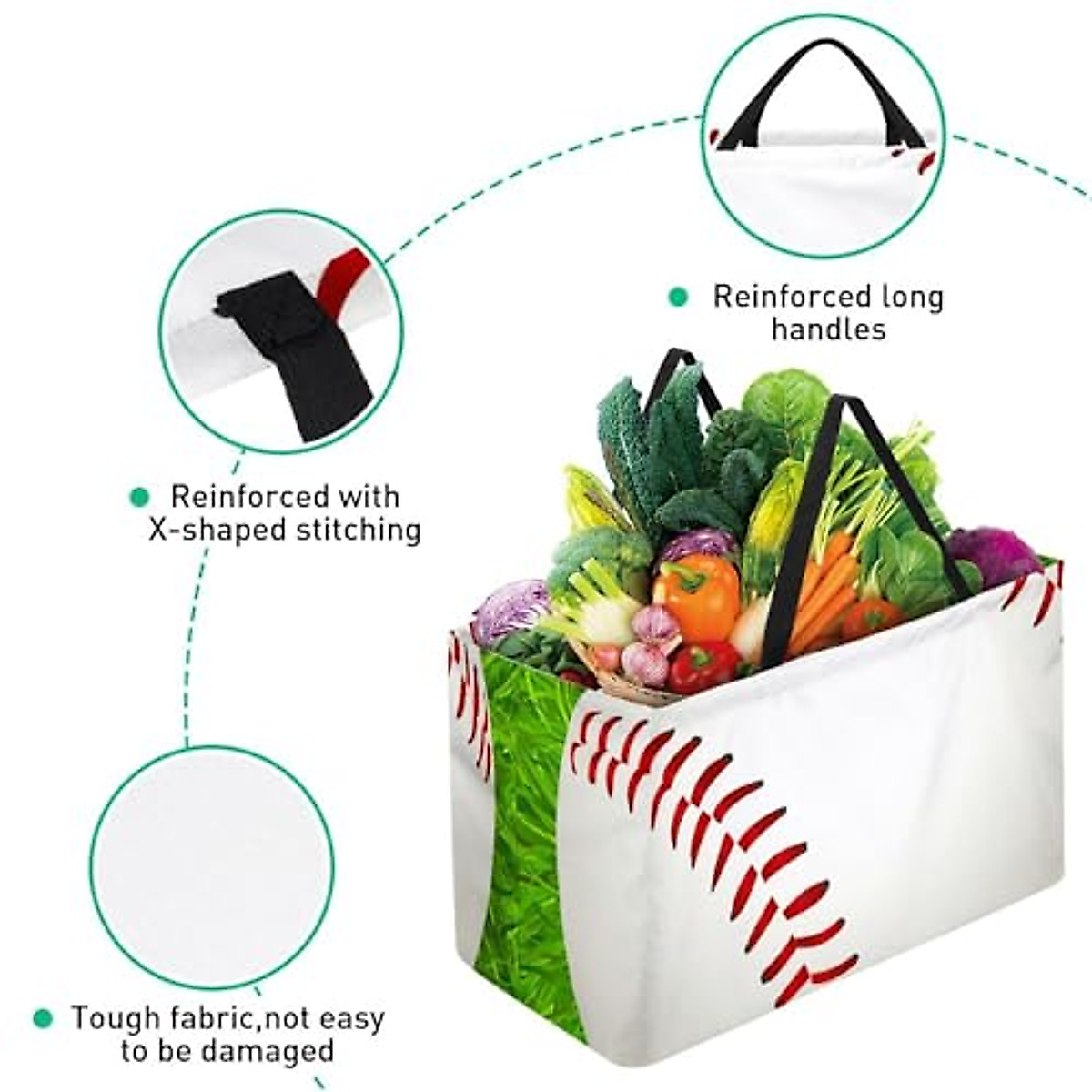 suojapuku Reusable Grocery Bags,Green grass and baseball,Lightweight Recycling Shopping Totes Bag with Handle for Groceries