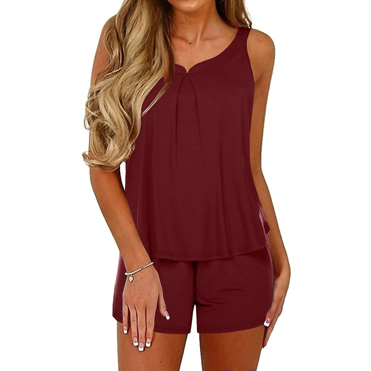 Ekouaer Pajamas Sets for Women Tank Tops with Shorts Sleepwear Nightwear Pj Set S-XXXL Wine Red
