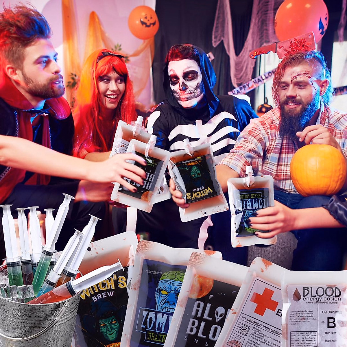 42PCS Halloween Blood Bags for Drinks Party Supplies, 30PCS Reusable Vampire Party Drinking Pouches + 10 Syringes + 2 Funnels, Various Size Containers for Halloween Zombie Nurse Theme Carnival Party Decorations Props