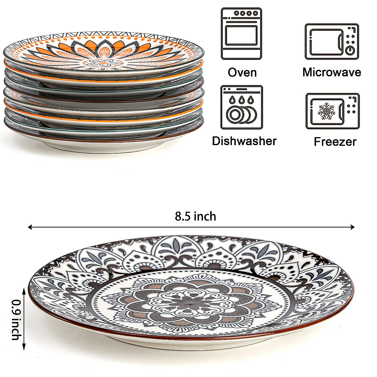 Foraineam 8 Pieces Salad Plates, 8.5 Inch Porcelain Floral Dessert Plates, Colorful Round Lunch Plate Sets for Appetizer Salad Fruit Snack, Dishwasher and Microwave Safe