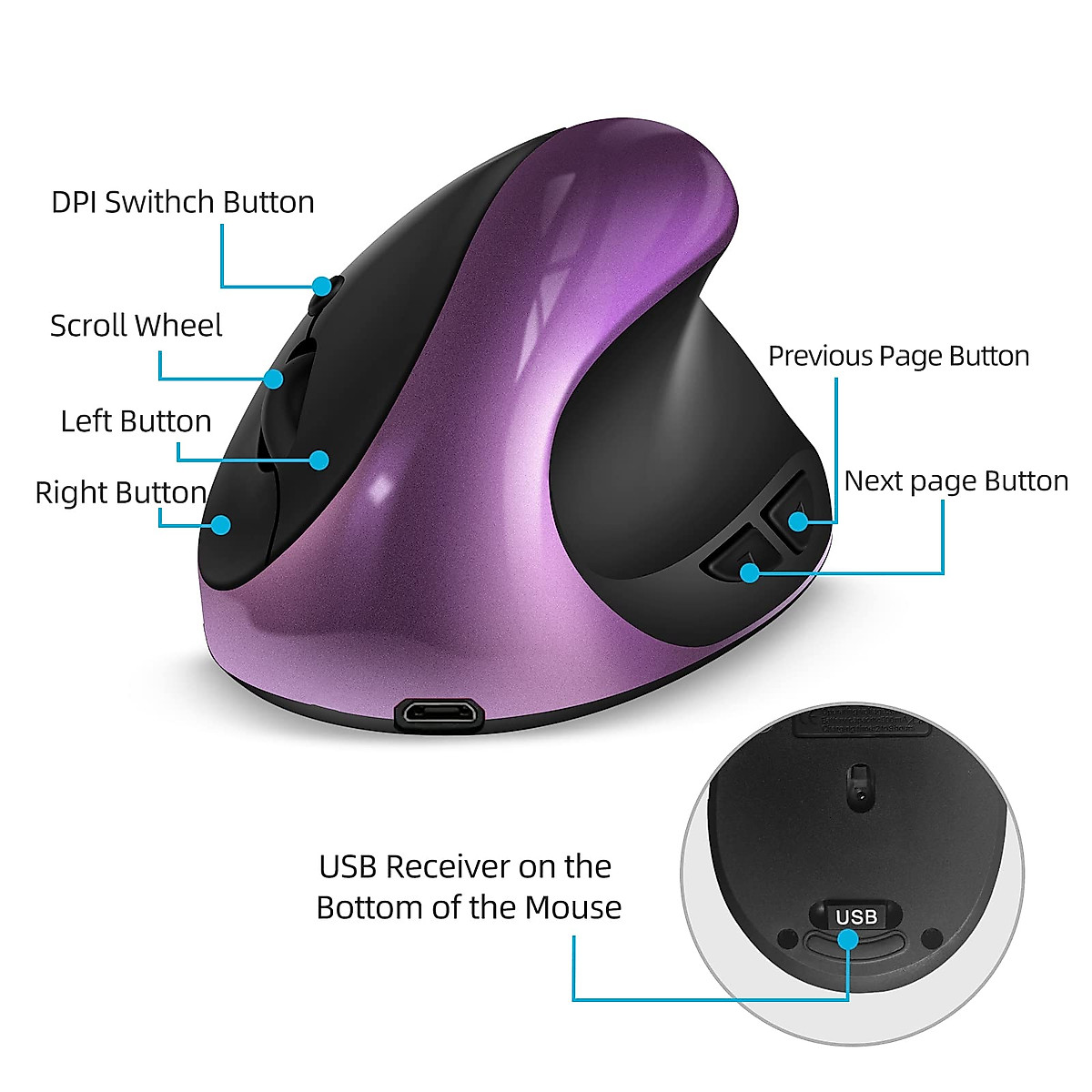 Woddlffy Ergonomic Mouse Wireless,Rechargeable Vertical Mouse Right Handed Small Mouse with 6 Buttons 1000/1200/1600 for Laptop,Desktop,PC, MacBook（Purple