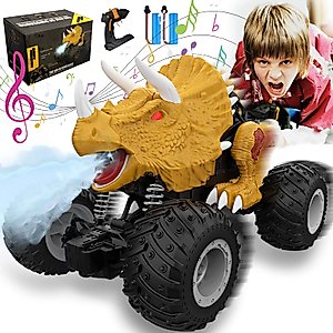 Pamopamo RC Monster RC Cars 1:18 Triceratops Dinosaur Racing Car Remote Control Car with Music,Led Lights,Spray Mist,Roaring Sound,4WD 2.4 GHz RC Monster Truck for Boys Girls Christmas