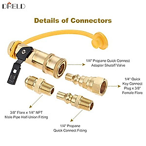 1/4” RV Quick Connect Propane Adapter Shutoff Valve and Full Flow Plug Kit, with 3/8” Male Flare Fitting to Quick-Release Connection for Pressure Regulator or Hook RV Hose Pipe Lines, Gas BBQ Grill