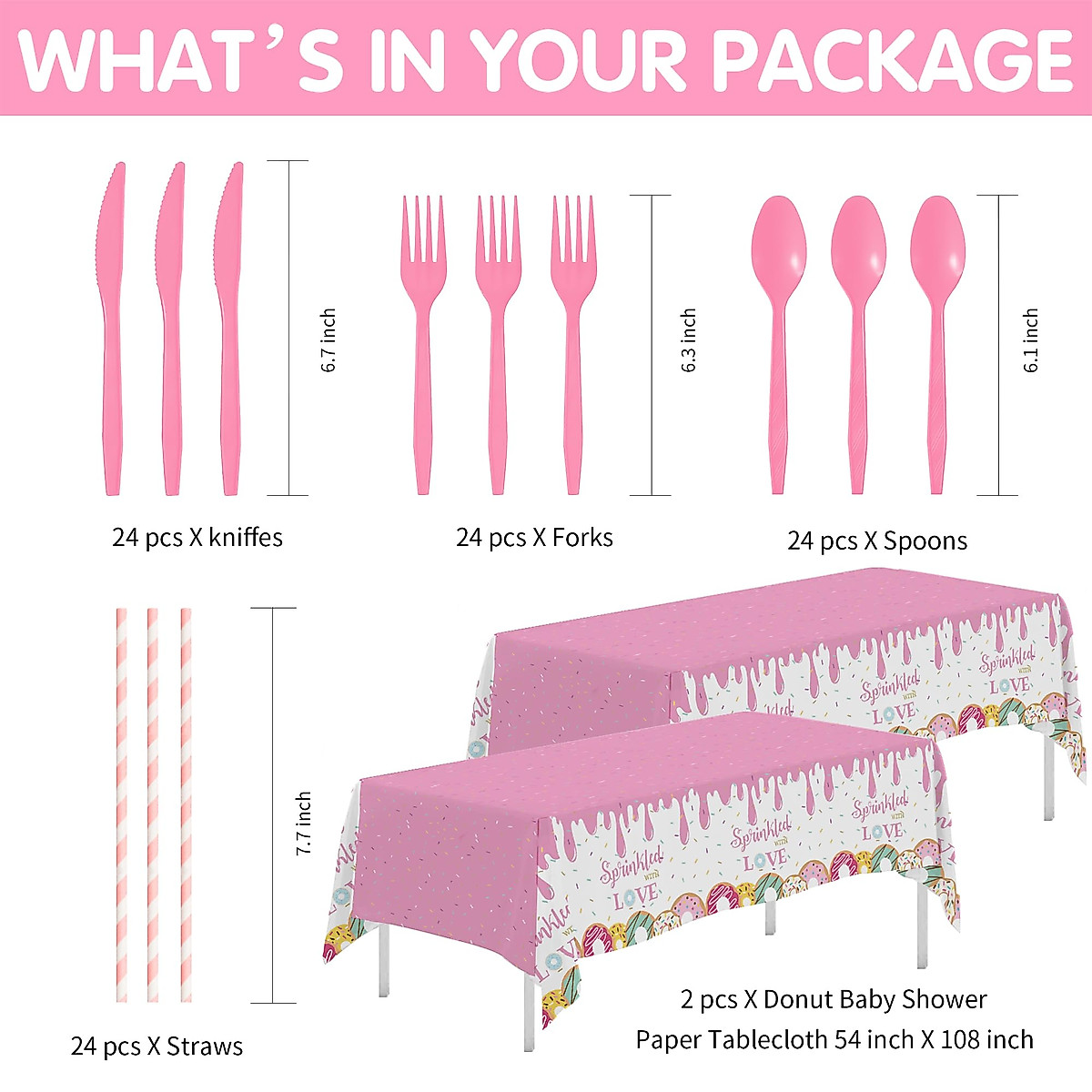 Suhelkit Donut Baby Sprinkle Decorations Tableware Girl - Sprinkled with Love Baby Shower Party Supplies, Paper Plate, Napkin, Cup, Tablecloth, Cutlery, Pink Donut Baby Shower Decorations | 24 Guests