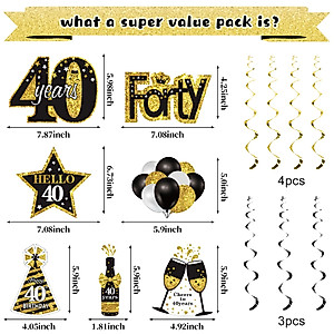 32Pcs 40th Birthday Decorations Kit for Men Women, Black Gold Happy 40 Birthday Banner Balloons Hanging Swirls Kit Party Supplies, Forty Year Old Birthday Backdrop Props Sign Decor