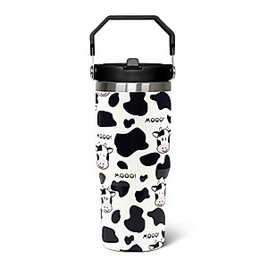 Cute Cow Tumbler with Handle and Straw, Stainless Steel Vacuum Insulated Flip Straw 30 oz Cow Tumbler Spill Proof Coffee Travel Mug Cow Gifts for Women
