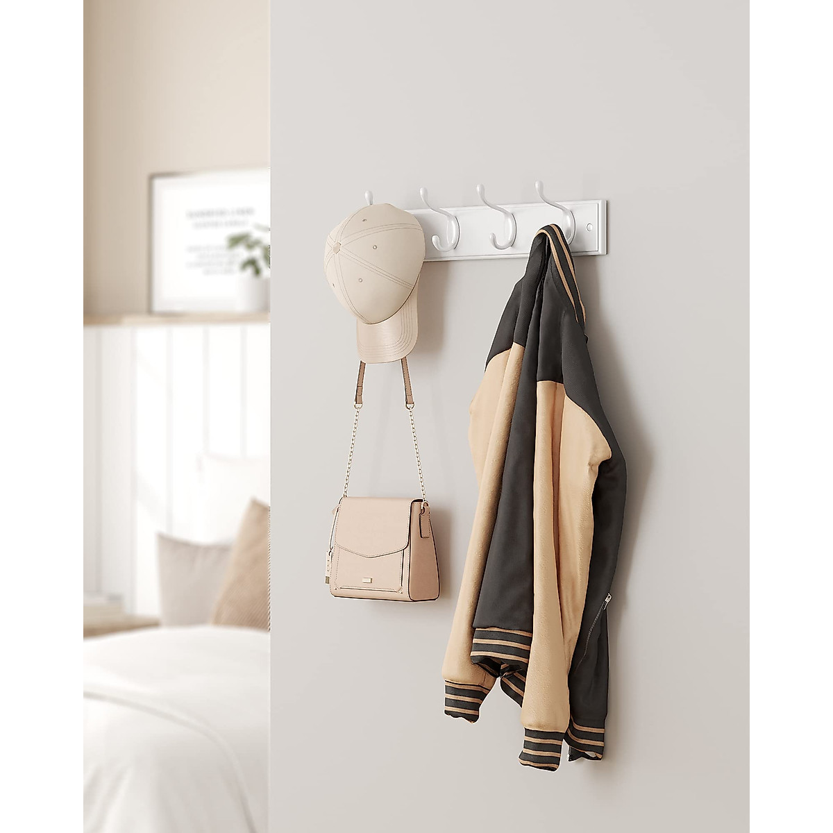 SONGMICS Set of 2 Wall-Mounted Coat Rack, Hook Rack, 8 Dual Metal Hooks, for Coats, Bags, Keys, in The Entryway, Bedroom, Living Room, White ULHR232W01
