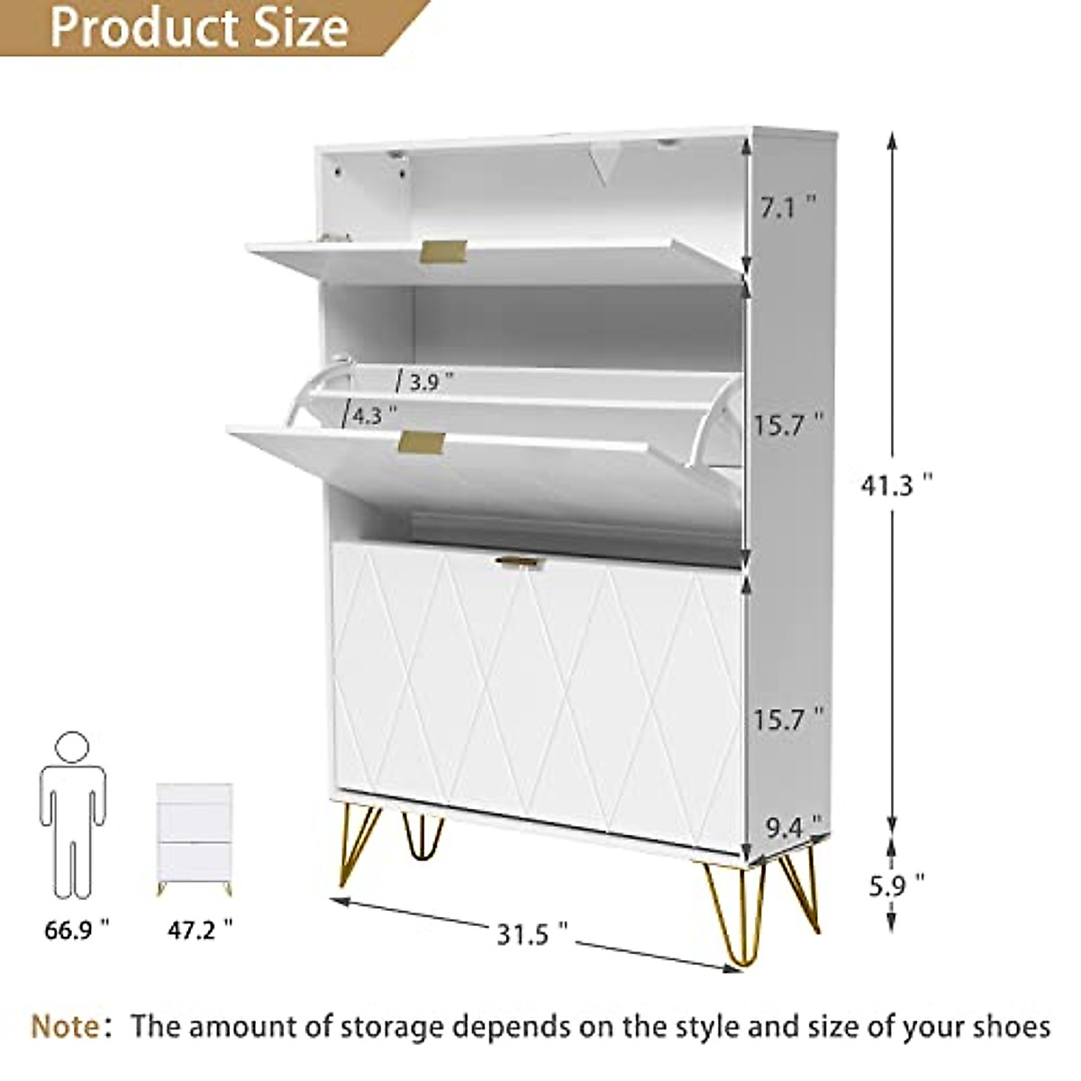 Anbuy Shoe Cabinet, Free Standing Tipping Bucket Entryway Shoes Cabinets, Shoes Storage Cabinet with 3 Flip Drawers, Narrow Shoe Rack Cabinet for Entryway, Modern Shoes Organizer (White)