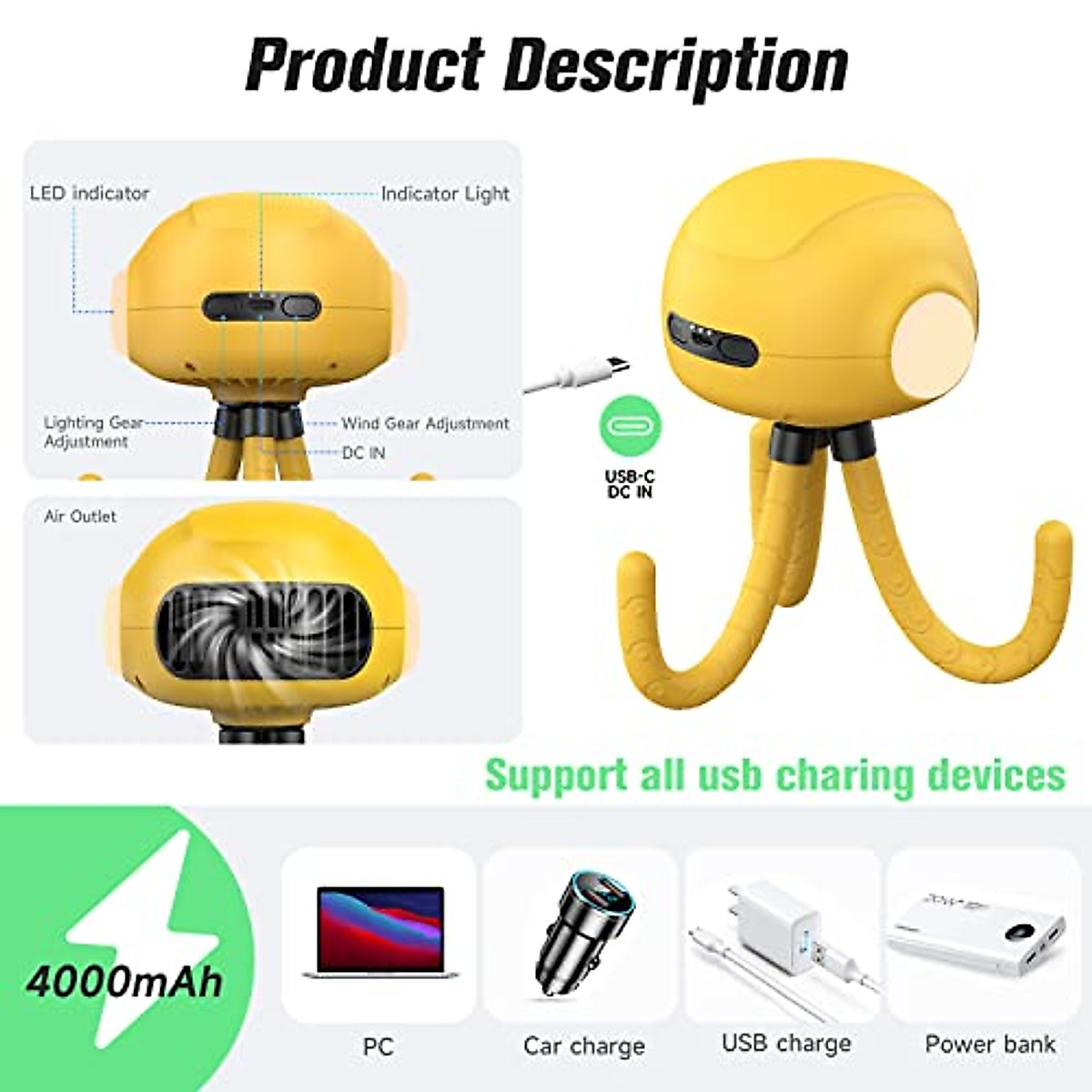 kudosay Mini Handheld Stroller Fan, 4000mAh Personal Portable Fan with Flexible Tripod and Adjustable 4 Speeds,LED Light, Battery Operated USB Fan for Stroller Office Bedroom, Outdoor (Yellow)