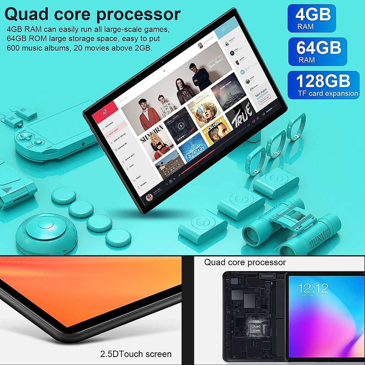 DUODUOGO Android Tablet 10 inch Newest Quad-Core Processor, 64GB+4GB 128GB Expandable, 5G/2.4G Dual WiFi, Android 10 Tablet Dual Camera 6000mAh Bluetooth FM, Gray