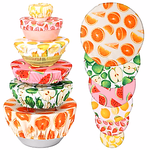 15 Pieces Reusable Bowl Covers in 6 Size, Sublaga Stretch Cloth Fabric Dish Cover Kitchen Storage Containers Lids for Fruits Food Leftover Dough Bread Proofing (Fruit Style)