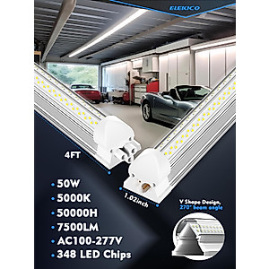 ELEKICO 6 Pack 50w 4ft Led Shop Light, Super Bright 7500lm 5000k V Shape 4' Led Shop Lights, Linkable 4 Foot Led Shop Lights for Garage Warehouse, Supermarket, Basement, Barn, Storage Area