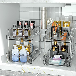 2 Tier Clear Bathroom Organizers 1Pack, Pull Out Organizers and Multi-Purpose Snack Storage, Kitchen Pantry Medicine Cabinet Slide Out Drawer Vanity Counter Organizing Tray, Under Sink Organizer