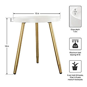Round Side Table, Wooden Tray Table with Metal Tripod Stand, 3 Gold Legged White Table, Accent Table for Living Room Bedroom Office Small Spaces, 18" H x 15" D