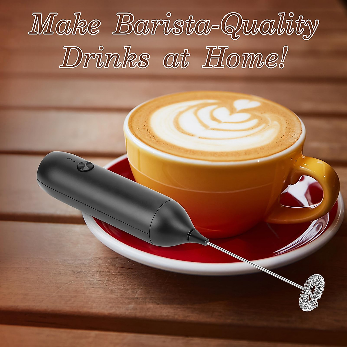 FYY Milk Frother Handheld, Electric Foam Maker with Stainless Steel Whisk, Rechargeable Frother Drink Mixer with USB-C Cable for Coffee, Lattes, Cappuccino, Frappe, Matcha, Hot Chocolate,-Black