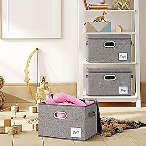 LHZK Large Storage Bins with Lids 6 Pack, Linen Fabric Storage Boxes with Lids, Foldable Storage Baskets with 3 Handles and Label Window for Shelves Bedroom Closet Office (15.75x11.8x10.2,Grey,Black)
