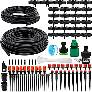 Drip Irrigation Kits, 100ft/30M Garden Plant Watering Sprinkler System with Distribution Tubing Hose Adjustable Nozzles, Automatic Mist Cooling Irrigation Set for Garden Lawn, Patio