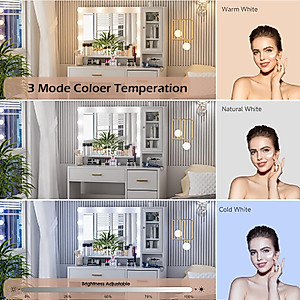 Likein Vanity Desk with Mirror and Lights, White Vanity Makeup Desk with Drawer & Glass Storage Cabinet & Charging Station, 3-Color Lights Adjustable Brightness, Make Up Dressing Table for Bedroom