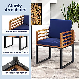 Tangkula 3 Piece Outdoor Dining Set, 2 Acacia Wood Armchairs with 43.5 Inch Dining Table, Heavy-Duty Metal Support, Cushioned Space-Saving Patio Furniture Set for Porch, Poolside
