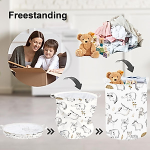 Clastyle 45L Sketch Forest Animal Kid Clothes Hamper Elephant Raccoon Laundry Basket for Boy Girl Leopard Zebra Round Toy Clothes Storage Basket for Nursery Room