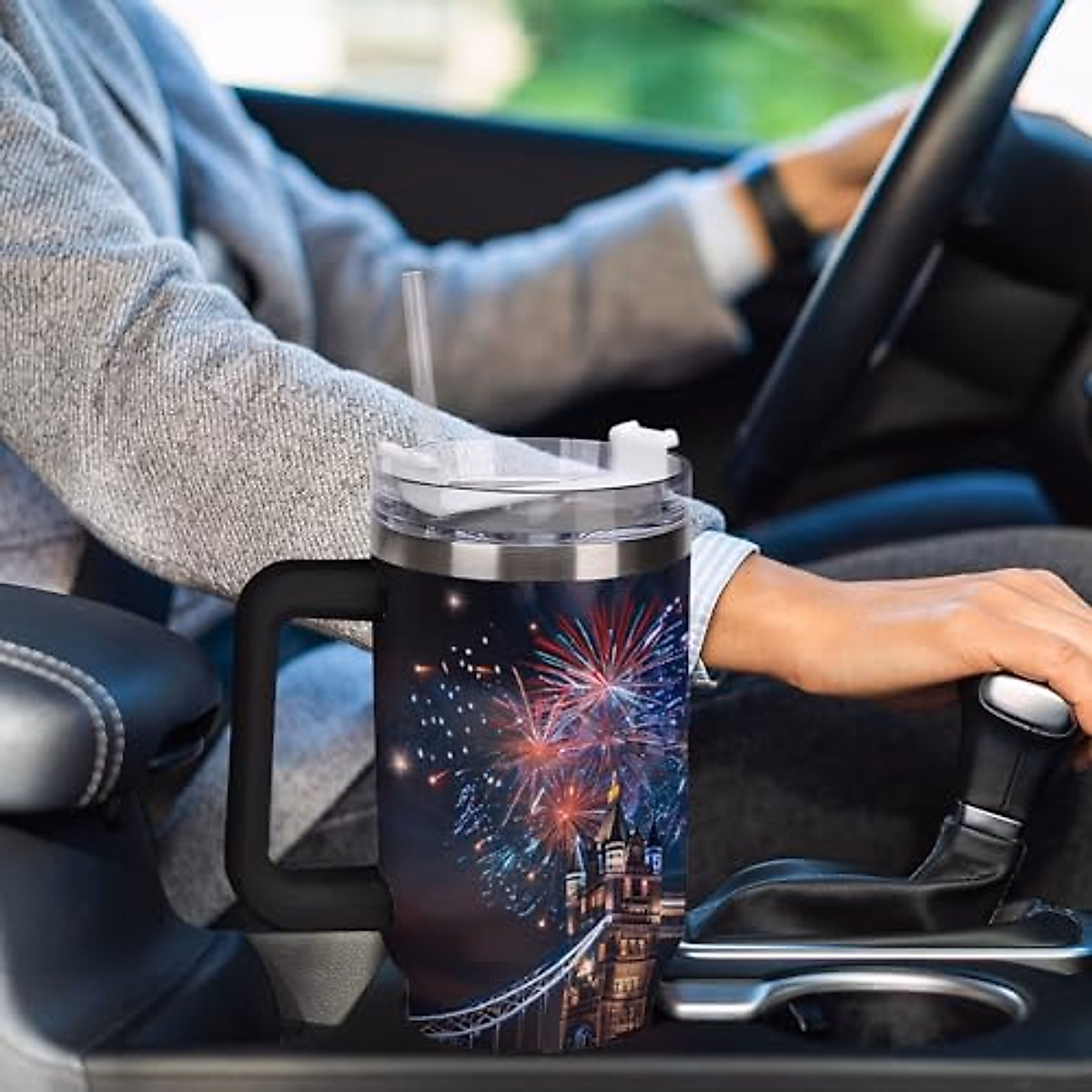 Fireworks over The Tower Bridge London Britain UK 40OZ Tumbler Stainless Steel Travel Mug Water Bottle Car Cup Tea Cups with Lid Black-style