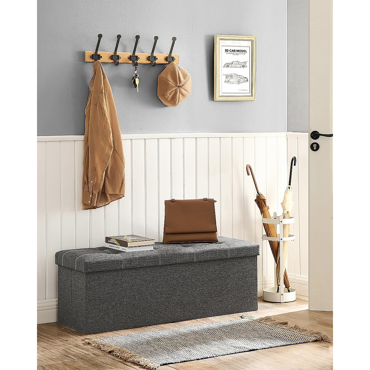 SONGMICS Ottoman Storage Bench, 35 Gal. Folding Chest with Breathable Linen-Look Fabric, Holds 660 lb, for Entryway, Living Room, Bedroom, Dark Gray ULSF077G04