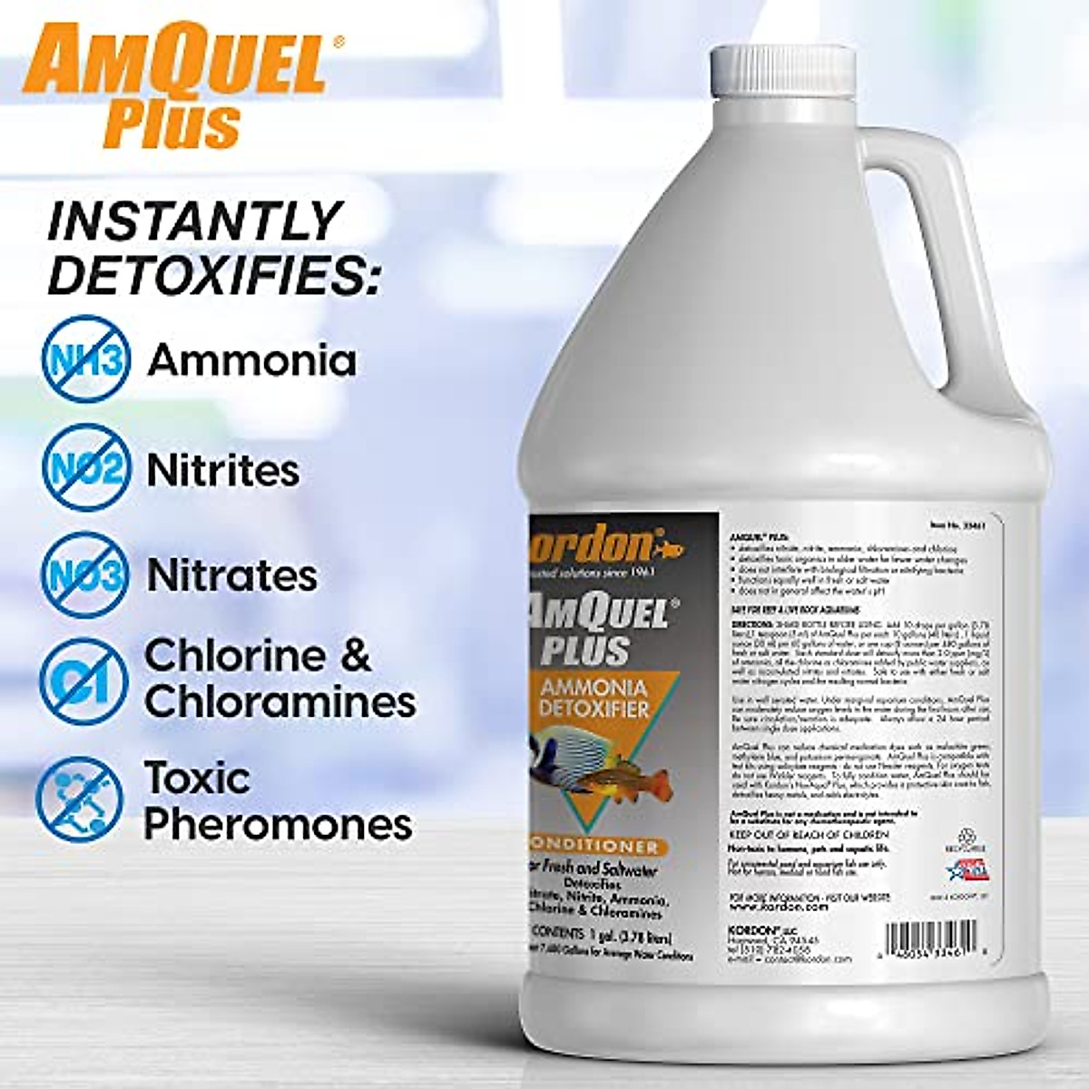 Kordon Amquel Plus Aquarium Water Conditioner - Instantly Detoxifies Ammonia, Nitrite, Nitrate, and Chlorine Remover for Freshwater & Saltwater Aquariums, 1 Gallon