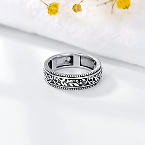 PROESS Rose Spinner Ring 925 Sterling Silver Fidget Anxiety Ring Thumb Ring Stress Relief Ring Rose Leaves Ring Jewelry Size 8 for Birthday Christmas for Women Men