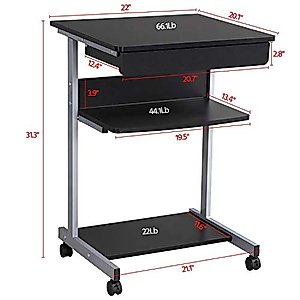 Yaheetech Mobile Computer Desk Cart, Small Rolling Laptop Desk PC Table Workstation with Drawer and Printer Shelf, Writing Desk Table for Small Space/Home Office