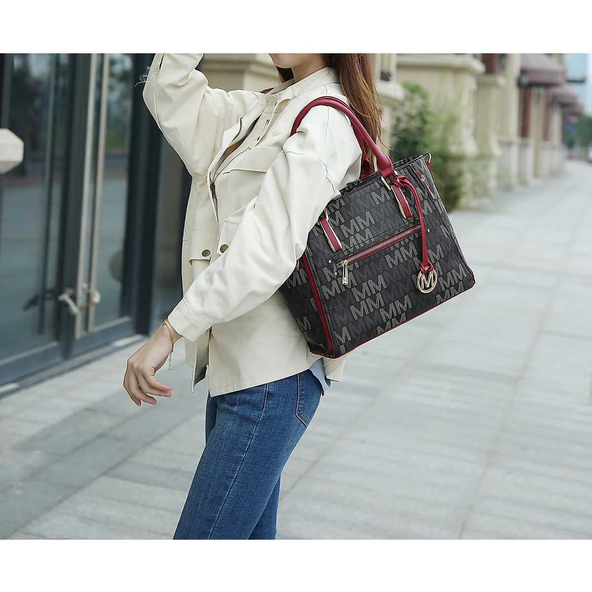 MKF Crossbody Shoulder Bag for Women – PU Leather Top Handle Pocketbook – Roomy Tote Satchel Handbag Purse M Charm Brown