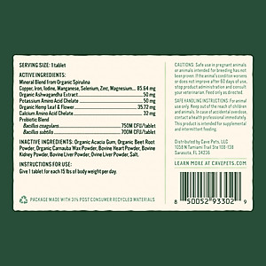 Cave Pets, Super Chomp Tablets, Dog Probiotic Supplement for Digestive Health and Natural Relaxation, Multi-Glandular & Hemp, 60 Tablets