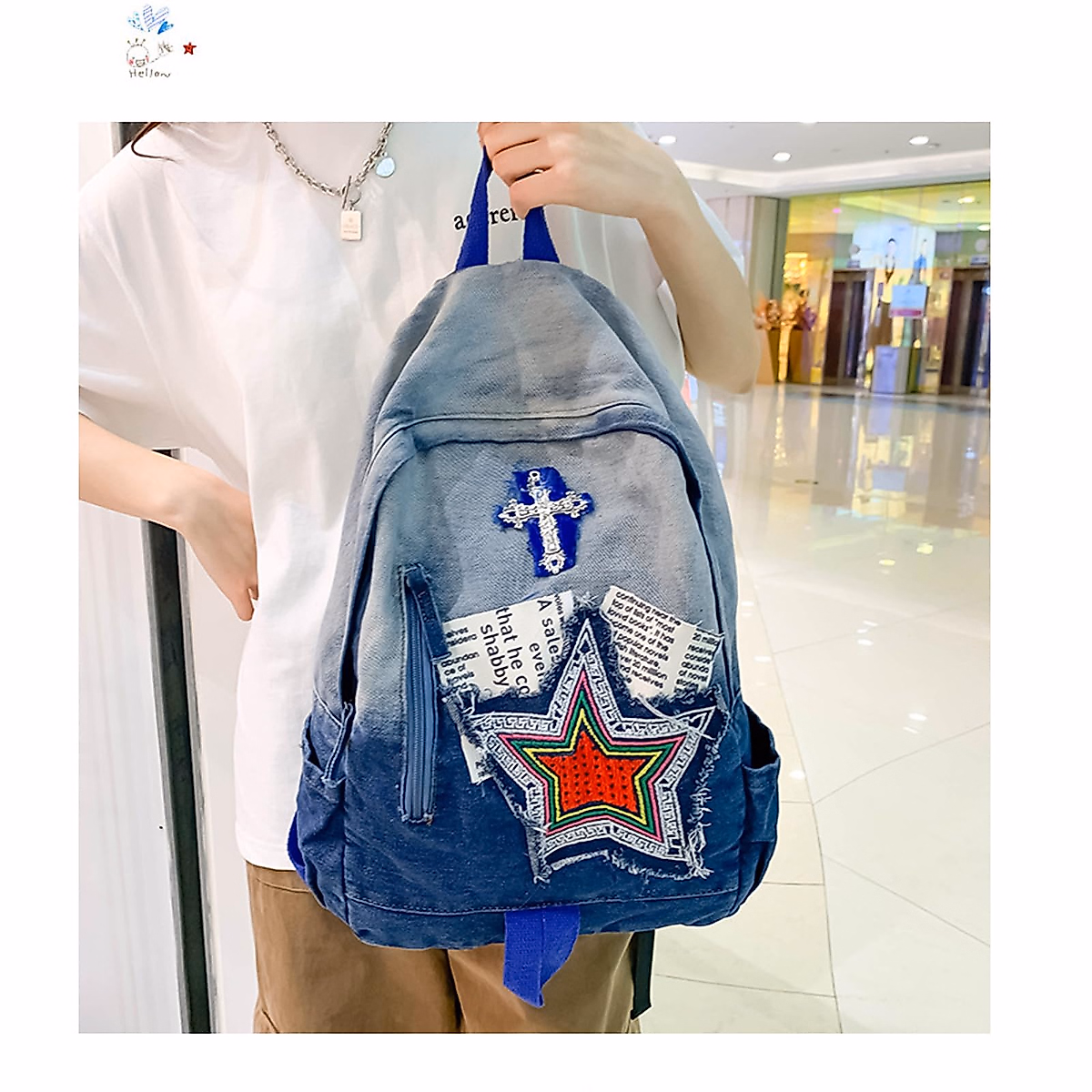 TUAQIANG Women's denim aesthetic backpack Y2K backpack casual Gothic denim backpack classic vintage travel day bag (Style 2,One size)
