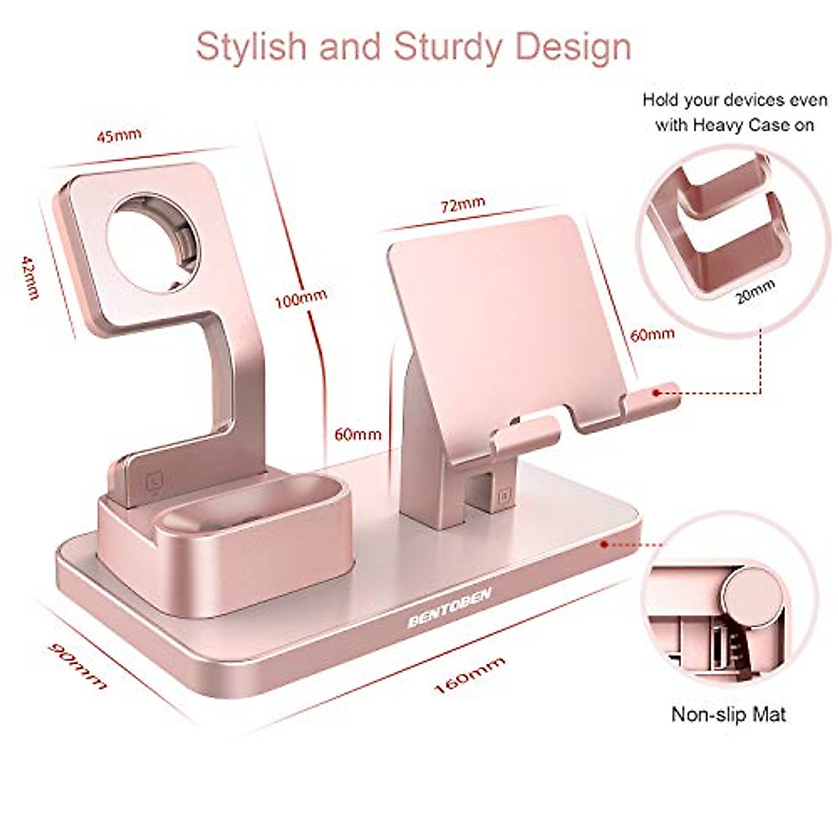 BENTOBEN 3-in-1 Charging Stand, Universal Charging Dock Station Compatible for Airpods Pro 2/1 Apple Watch Series 6/5/4/3/2 iPhone 13 12 11 SE2 XSMax XR 8 7 6S Plus Android Smartphone iPad, Rose Gold