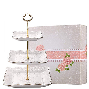 Sumerflos 3-Tier Square Porcelain Cake Stand, White Rimmed with Gold Embossed Cupcake Dessert Stand - Tiered Serving Tray for Tea Party and Show