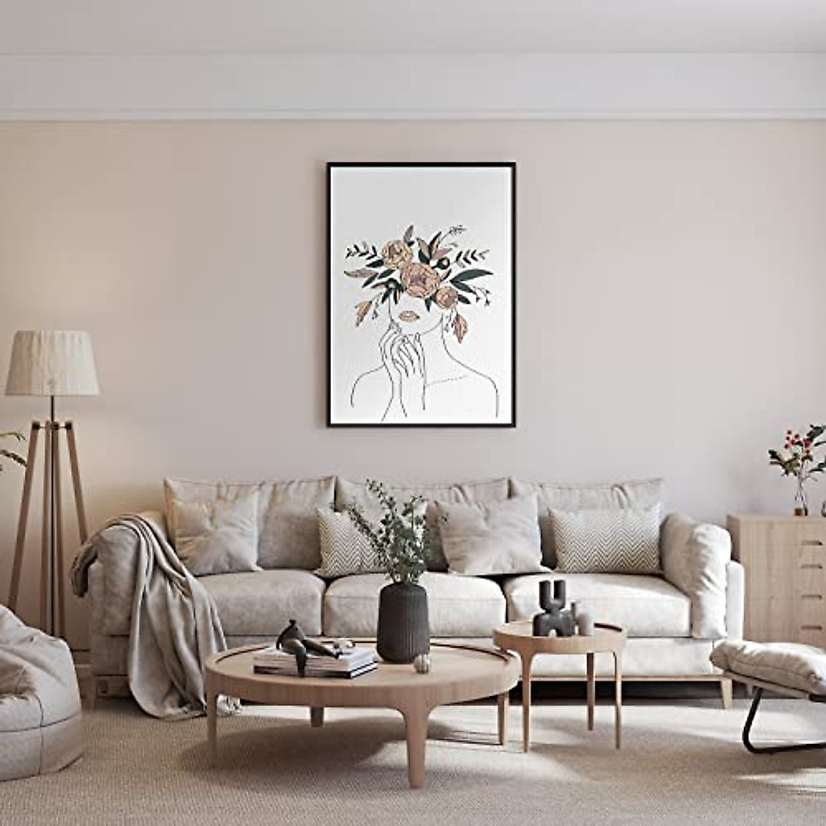 GXOBOCX Canvas Wall Art Modern Abstract Art Blossom on Woman Face Prints Artwork Minimalist Line Art for Living Room Bathroom Decor (Black Framed,16x22 inches)