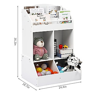 Kids Bookshelf and Toy Storage, Wood Book Shelf Organizer for Toddler, Playroom Storage, White