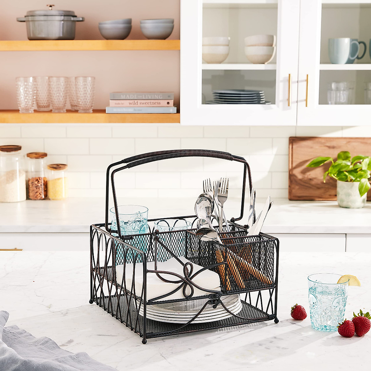 Gourmet Basics by Mikasa Loop Picnic Plate Napkin and Flatware Storage Caddy, Large, Antique Black