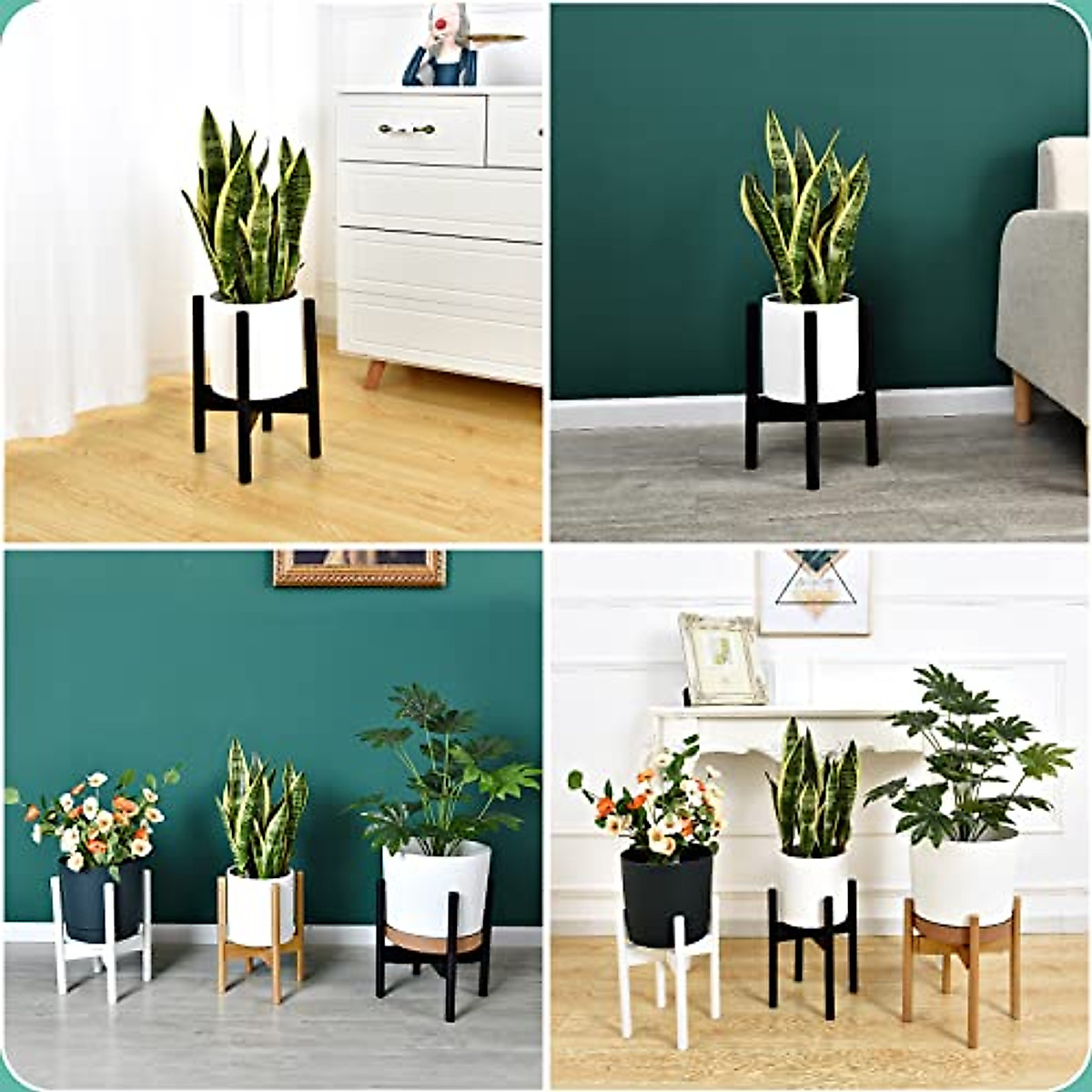 AUGOSTA Bamboo Adjustable Planter Tray Included, Mid Century Modern Indoor Plant Stand, Fit 8 9 10 11 12 inch Pots, Plant Pot Not Included (Black)