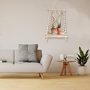 JnnRain Macrame Shelf Macrame Wall Hanging Shelf Beige Macrame Hanging Shelves White Macrame Wall Shelf Decor Plants Wall Shelf Home Decor