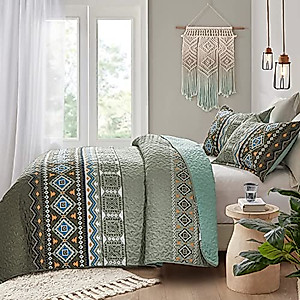 Boho Quilt Set King,3 Piece Olive Green Bedspread Coverlet Set with Geometry Printed for All Season, Lightweight Oversized Bohemian Bedding Set 104"×90"