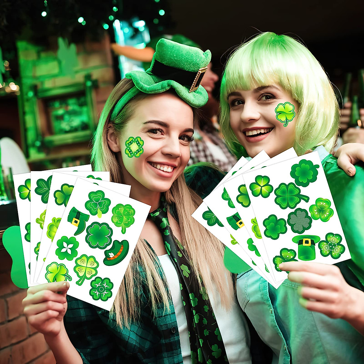 Qpout 216pcs St.Patrick's Day Stickers, Green Shamrock Four-leaf Clover Leprechaun Hat Self-Adhesive Stickers, for St. Patrick's Day Party Favor Cards Envelopes Scrapbooking Presents Labels Decoration